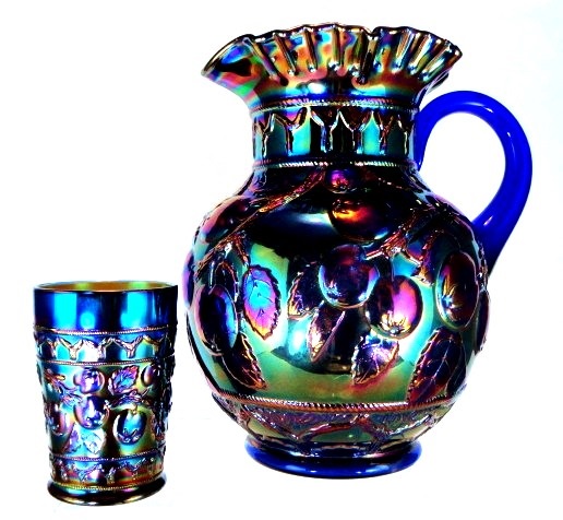 Fenton Apple Tree Blue Water Pitcher & Tumbler: Carnival Glass Showcase