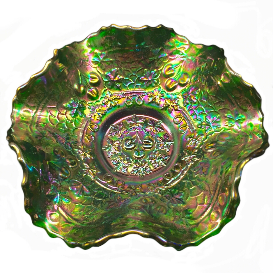 Fenton Cherry Chain Green Sauce Bowl: Carnival Glass Showcase