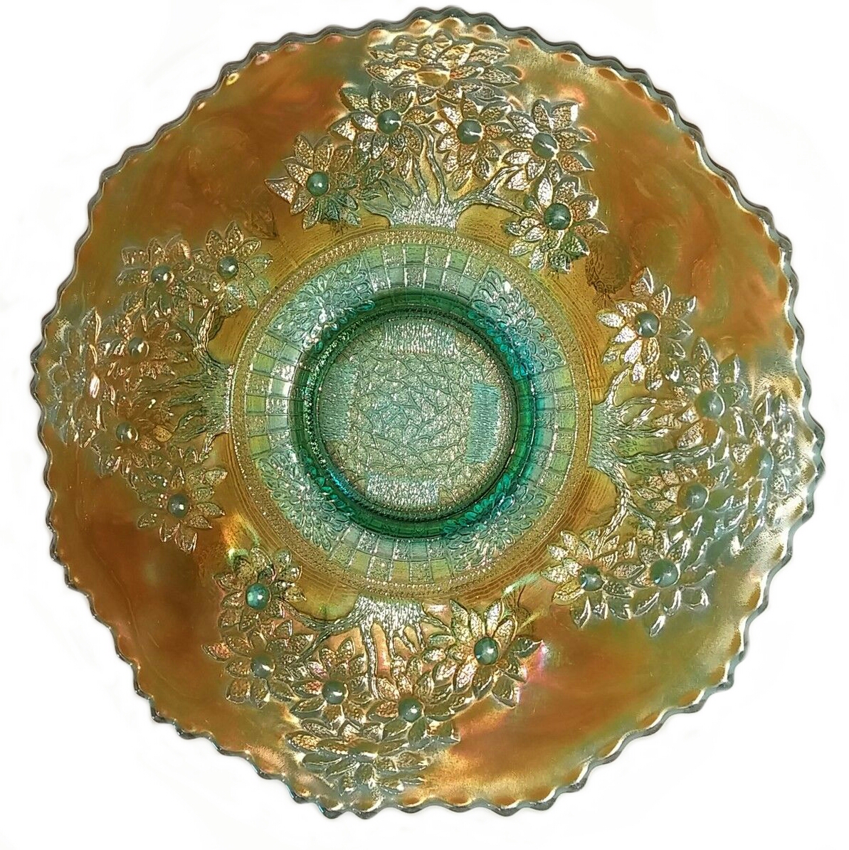Fenton Orange Tree Aqua Opal Plate: Carnival Glass Showcase