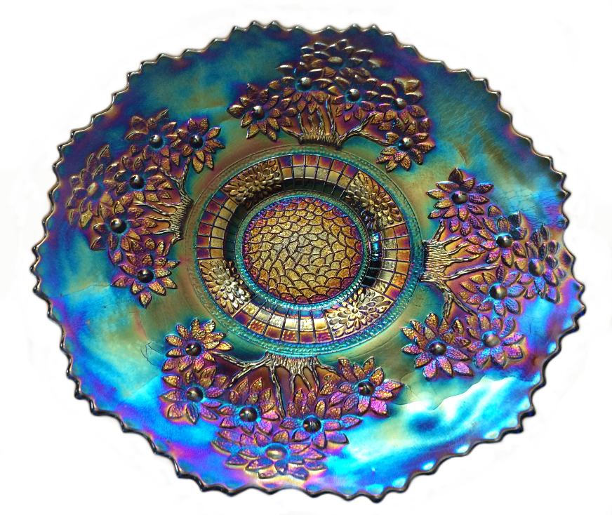 Fenton Orange Tree Blue Plate: Carnival Glass Showcase