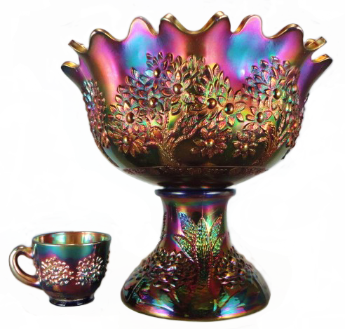 Fenton Orange Tree Blue Punch Bowl: Carnival Glass Showcase