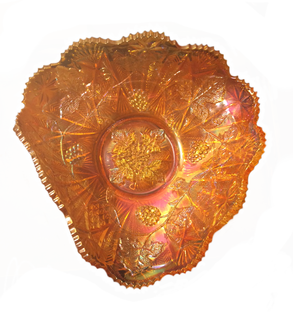Millersburg Grape Leaves Marigold on Vaseline Whimsey Tri-Corner Bowl ...